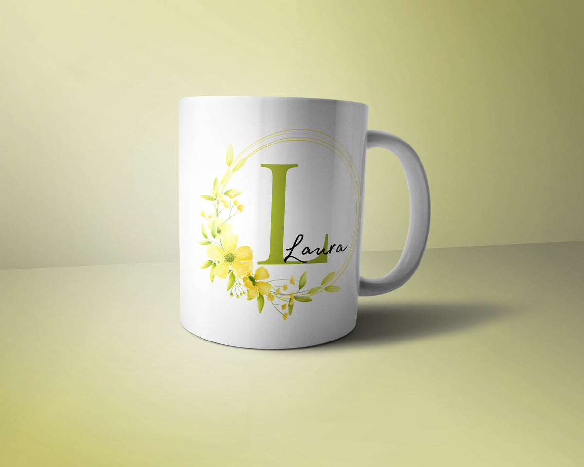 Yellow & Green Floral Monogram Mug - Personalised With Initial & Name ...